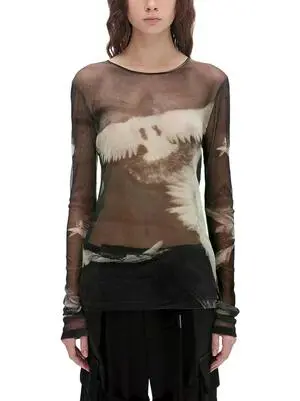 ANN DEMEULEMEESTER Graphic-print Mesh T-shirt - Black
