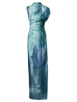 JEAN PAUL GAULTIER Printed Draped Satin Maxi Dress - Blue