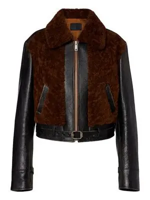 Prada Belted Shearling-trimmed Leather Jacket - Brown