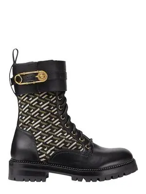 Versace La Greca Leather Ankle Boots With Safety Pin - Black