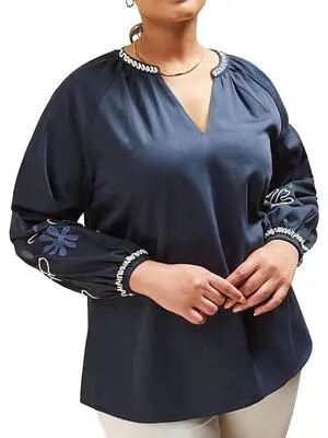 LIVE UNLIMITED Long Sleeve Embroidered Blouse - Blue