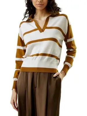 Lilysilk Merino Wool Striped Polo Sweater - Toffee White Stripes