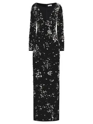 Oscar De La Renta Crystal Cluster Embroidered Velvet Gown - Black