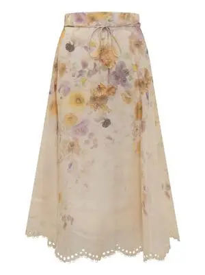 Zimmermann Silk Floral Print Midi Skirt - Beige