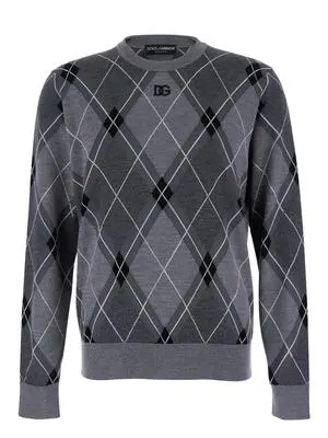 Dolce & Gabbana Crew Neck Sweater With Diamond Pattern - Grey