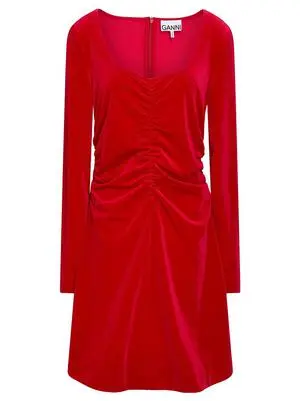 GANNI Ruched Velvet Midi Dress - Red