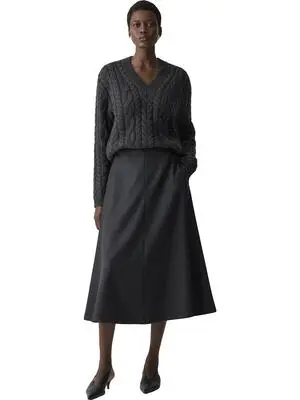 Theory Flared Midi Skirt In Wool-blend Flannel - Charcoal Melange