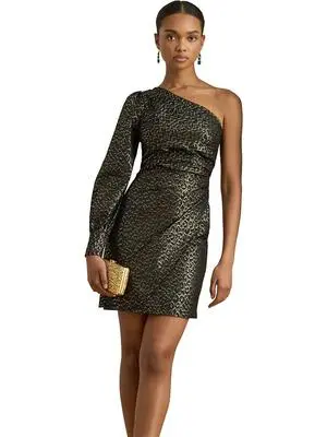 Ralph Lauren Ocelot One-shoulder Cocktail Dress - Black/gold Metallic