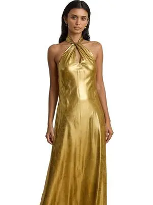 Ralph Lauren Paisley Metallic Georgette Halter Gown - Purple/gold/multi