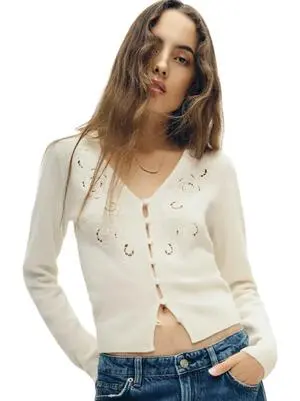 REFORMATION Lowen Regenerative Wool Embroidered Cardigan White