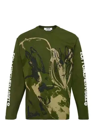 MSGM Graphic-print Long-sleeve Cotton T-shirt - Green