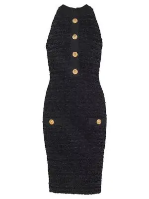 Balmain Buttoned-pocket Tweed Mini Dress - Black