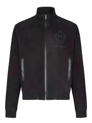 Balmain Embroidered Emblem Suede Jacket - Black