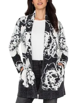 LIVERPOOL Shawl Collar Open Cardigan - Black/ White Floral