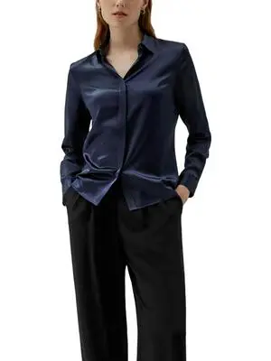 Lilysilk Basic Concealed Placket Silk Shirt - Navy Blue