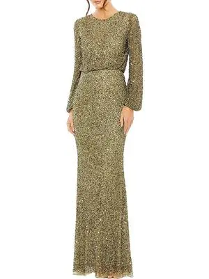 Mac Duggal High Neck Long Sleeve Blouson Gown - Olive