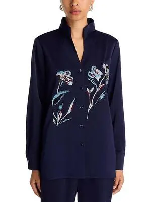 Misook Split Collar Embroidered Blouse - Lazuli Blue/multi