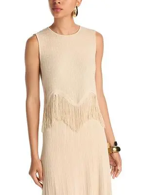 Misook Fringe Hem Ribbed Knit Tank - Pearl
