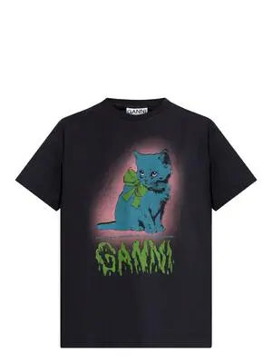 GANNI Neon Kitty Organic Cotton T-shirt - Grey