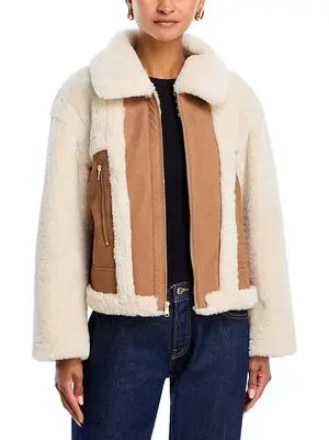 Aqua Faux Fur Sherpa Moto Jacket - Camel Beige