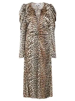 GANNI Leopard Print Midi Dress - Brown