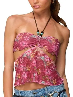 EDIKTED Floral Cut Out Halter Top - Pink