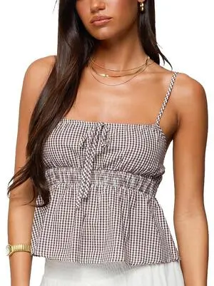 EDIKTED Gingham Babydoll Top - Brown