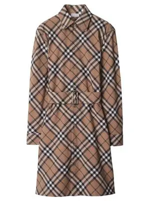 Burberry Check Wool Blend Chemisier Dress - Beige