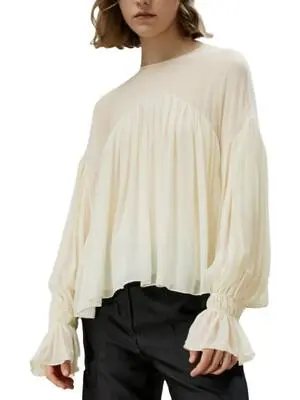 Lilysilk Sheer-shoulder Ruffle Blouse - Custard White