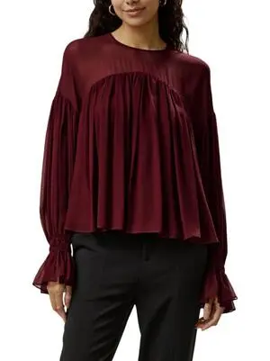 Lilysilk Sheer-shoulder Ruffle Blouse - Oxblood