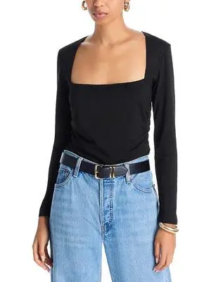 Aqua Ruched Waist Square Neck Top - Black
