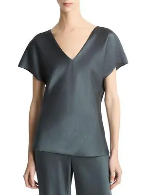 Vince Essential Cap Sleeved V Neck Blouse Malachite