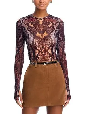 AFRM Kaylee Snakeskin Print Mesh Top Placed Umber Snake