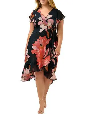 ESTELLE Floral Wrap Front Dress - Navy/ Peony