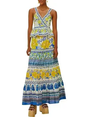 Farm Rio Zuli Floral-print Tiered Maxi Skirt - Blue