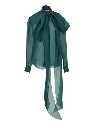 Carolina Herrera Bow Silk Button-down Top - Pine Green