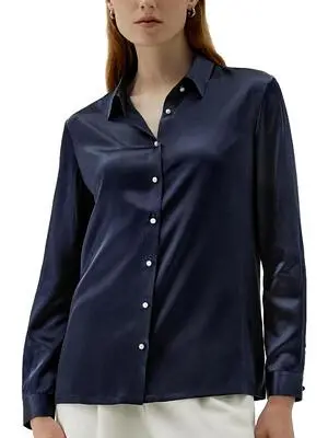 Lilysilk Classic Imitation Pearl Button Silk Shirt - Navy Blue
