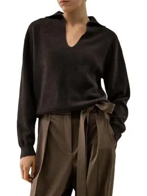 Lilysilk Ribbed Cashmere Polo Sweater - Deep Oak