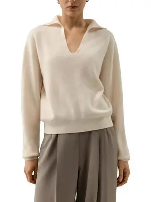 Lilysilk Ribbed Cashmere Polo Sweater - Feather
