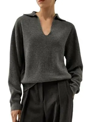 Lilysilk Ribbed Cashmere Polo Sweater - Thunder