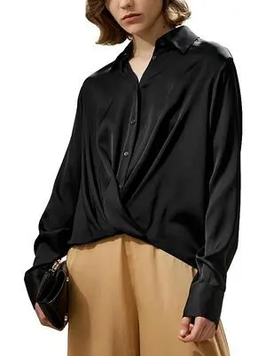 Lilysilk Hem Pleated Silk Blouse Black