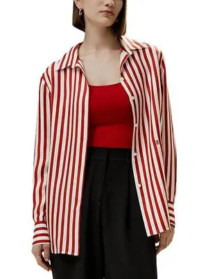 Lilysilk Amalfi Stripe Silk Shirt - Red White Pinstripes