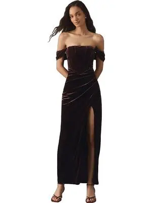 Bhldn Lana Off-shoulder Velvet Maxi Dress - Cocoa
