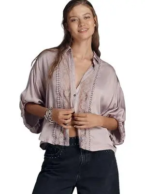 PILCRO Pilcro Lace Appliqué Button-Front Blouse Cloud Grey