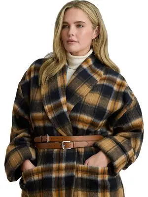 Ralph Lauren Plaid Wool-blend Shawl-collar Wrap Coat - Navy/cinnamon Multi