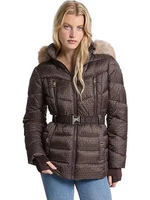 Michael Kors Faux Fur Trim Belted Puffer Jacket - Brown