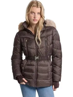 Michael Kors Faux Fur Trim Belted Puffer Jacket - Brown