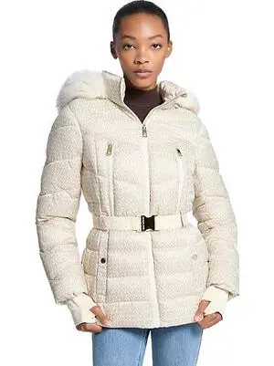 Michael Kors Faux Fur Trim Belted Puffer Jacket - Natural