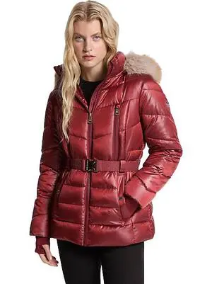 Michael Kors Faux Fur Trim Belted Puffer Jacket - Red