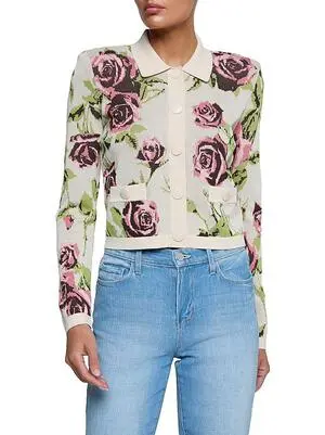 L'Agence Jacquard Collared Cardigan - Ecru/mauve Romantic Rose